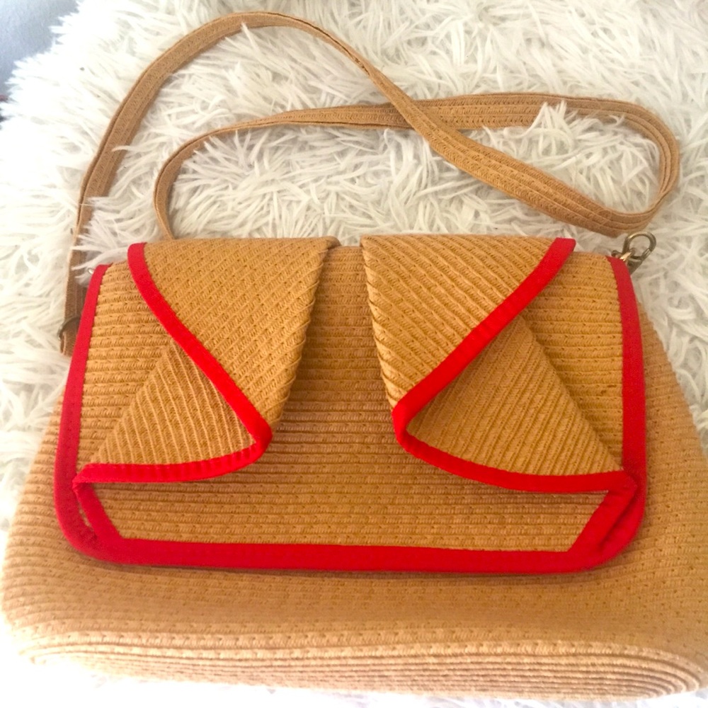 Straw Crossbody Bag With Orange Details - Gem